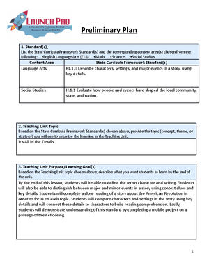 Social Studies Unit Plan - Preliminary Plan 2. Teaching Unit Topic ...