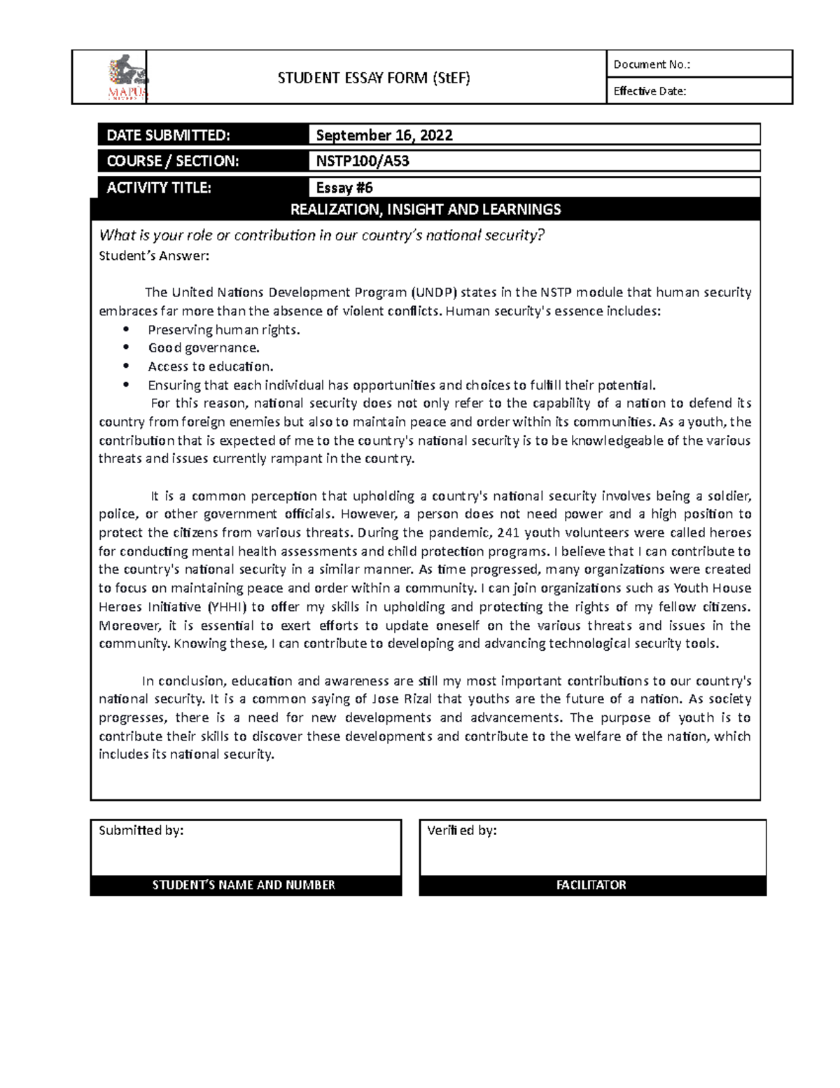 E6 - Essay - STUDENT ESSAY FORM (StEF) Document No.: Effective Date ...