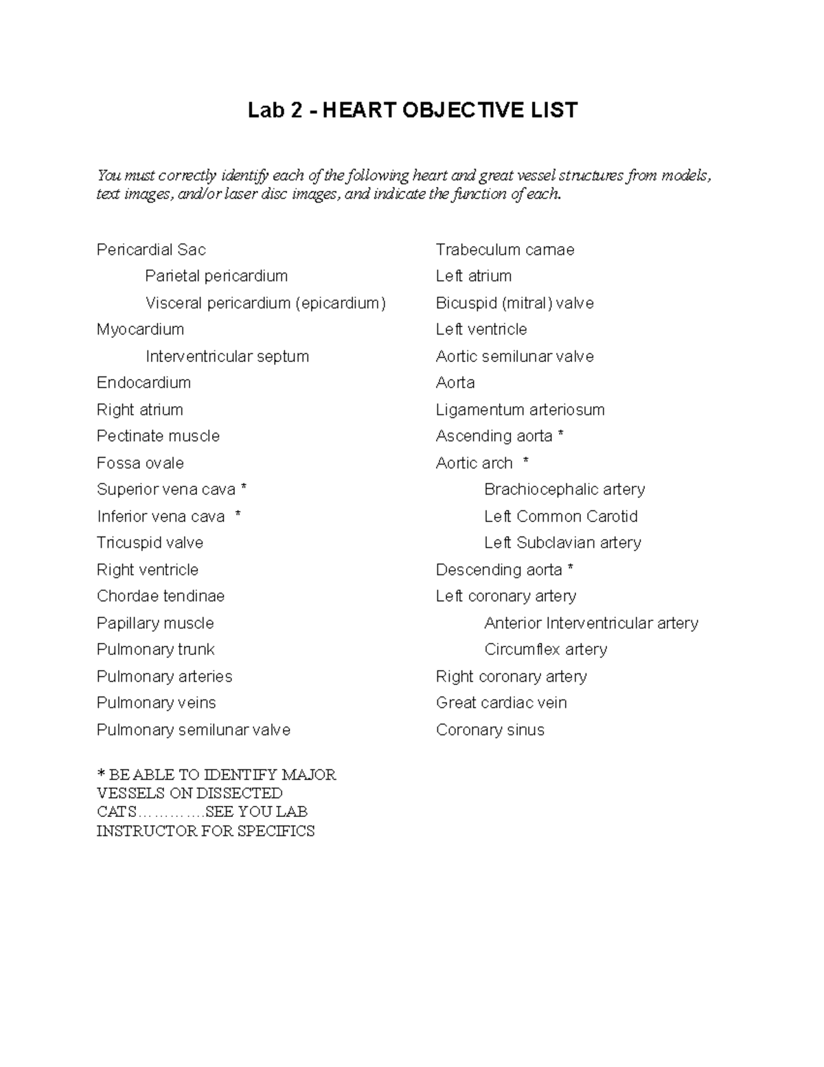 A. Heart Objective List-student - Lab 2 - HEART OBJECTIVE LIST You must ...