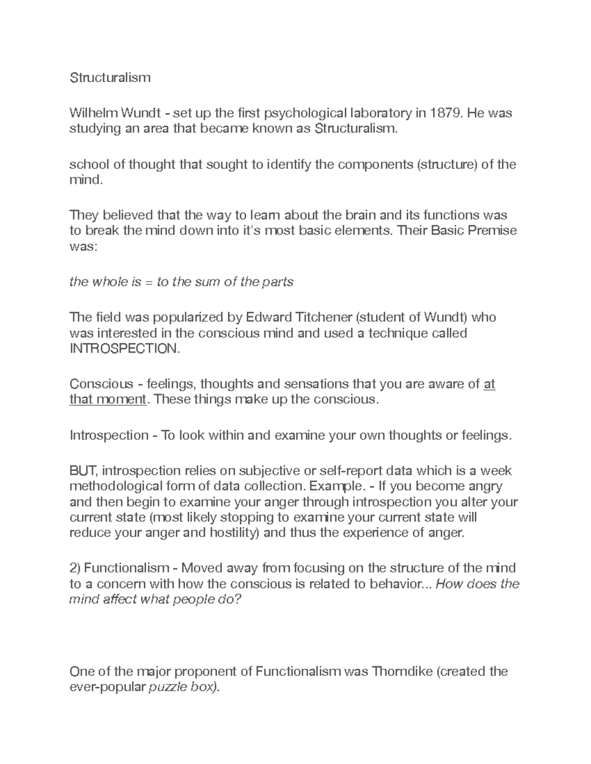 Psyc 3 - Notes - Structuralism Wilhelm Wundt - set up the first ...