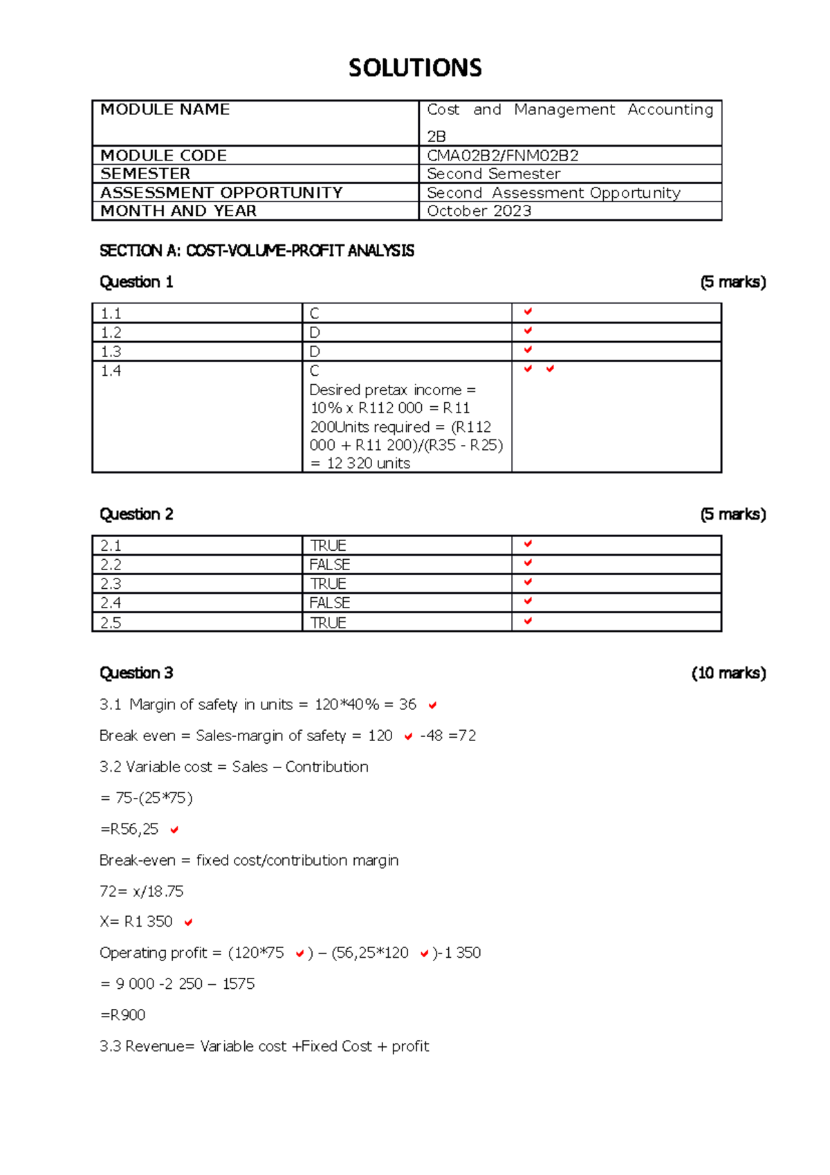 CMA2B AO2 2023 - Solution - SOLUTIONS MODULE NAME Cost and Management ...