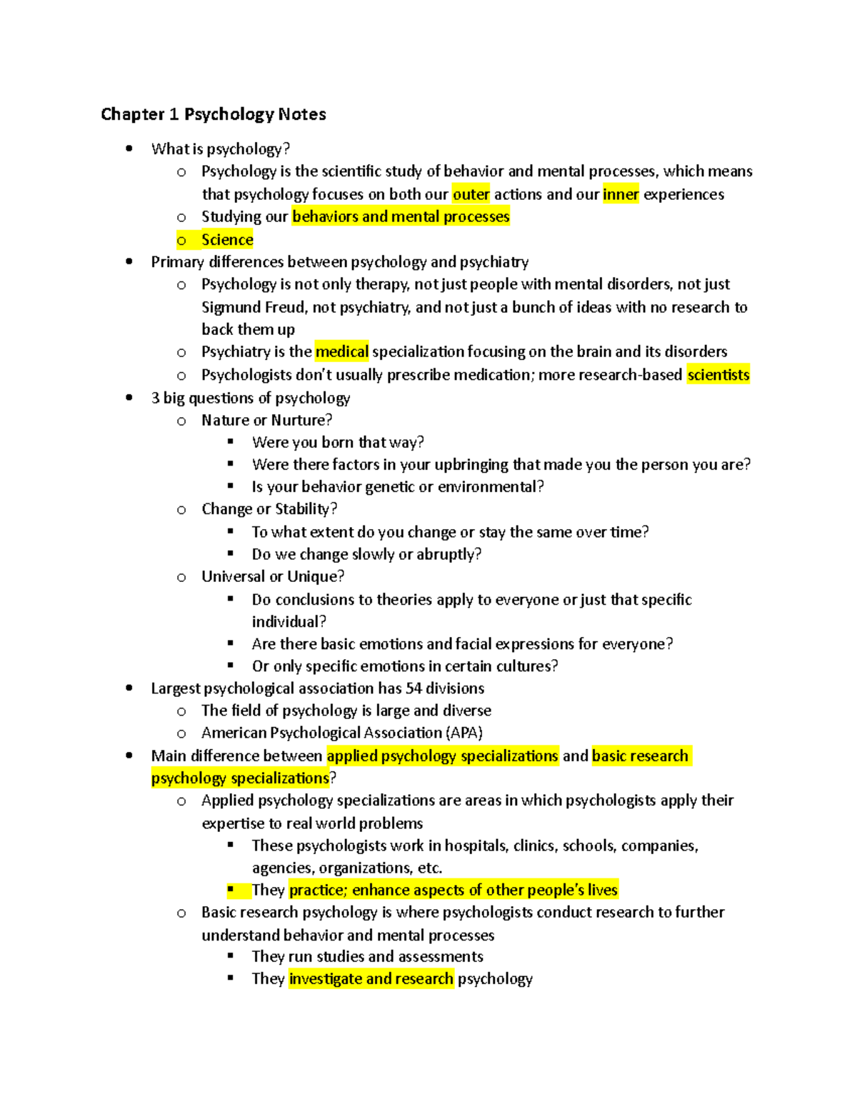 PSY101 Chapter 1 Notes - Chapter 1 Psychology Notes What is psychology ...