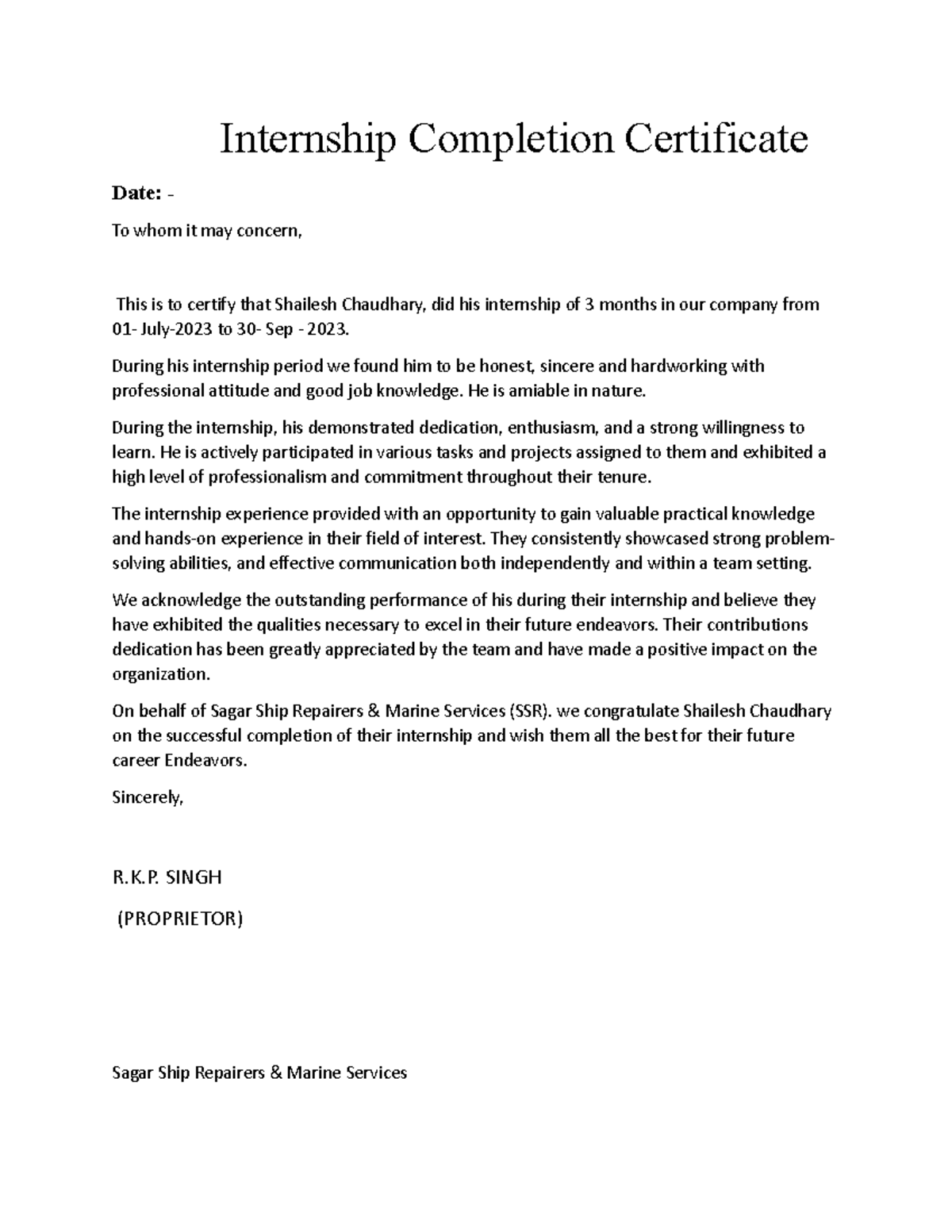 Internship Completion Certificate - During his internship period we ...
