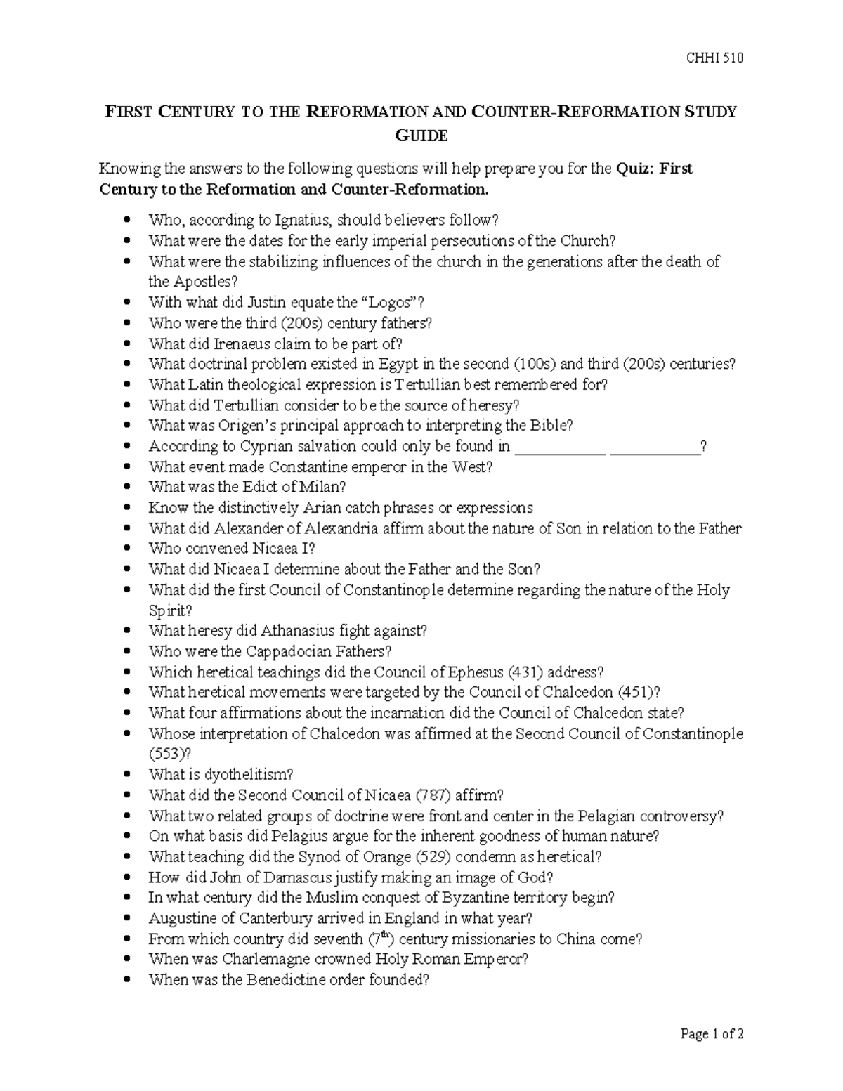First Century to the Reformation and Counter-Reformation Study Guide ...