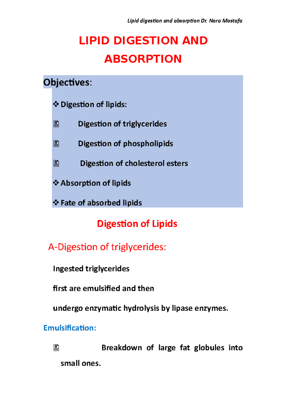 Lipid digestion and absorption lecture notes - LIPID DIGESTION AND ...
