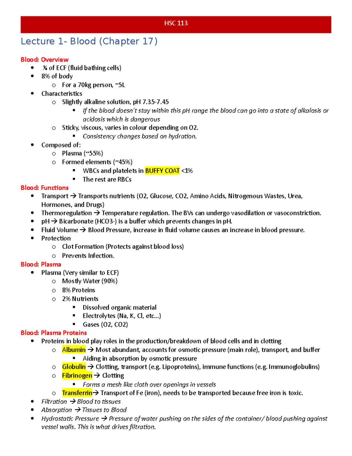 Introduction to Blood - HSC 113 Lecture 1- Blood (Chapter 17) Blood ...