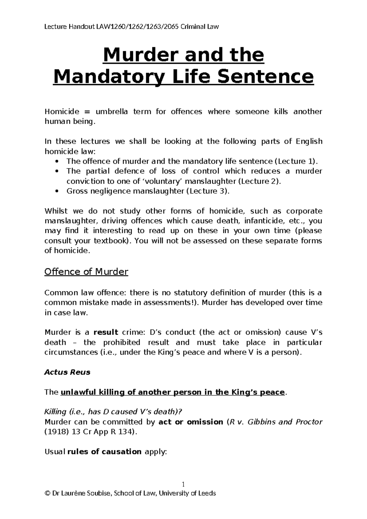 Lecture 12 Notes + Handouts - Murder and the Mandatory Life Sentence ...