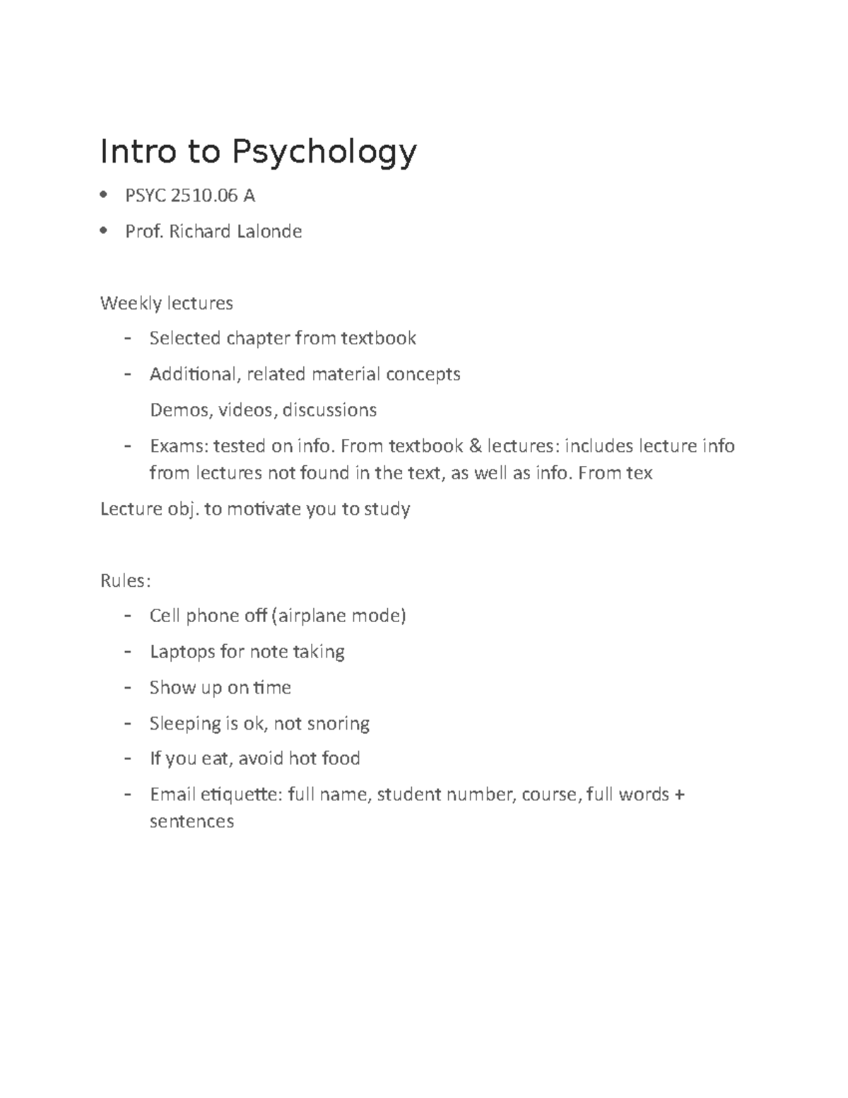 Intro to Psychology - Lecture notes 1-3 - Intro to Psychology PSYC 2510 ...