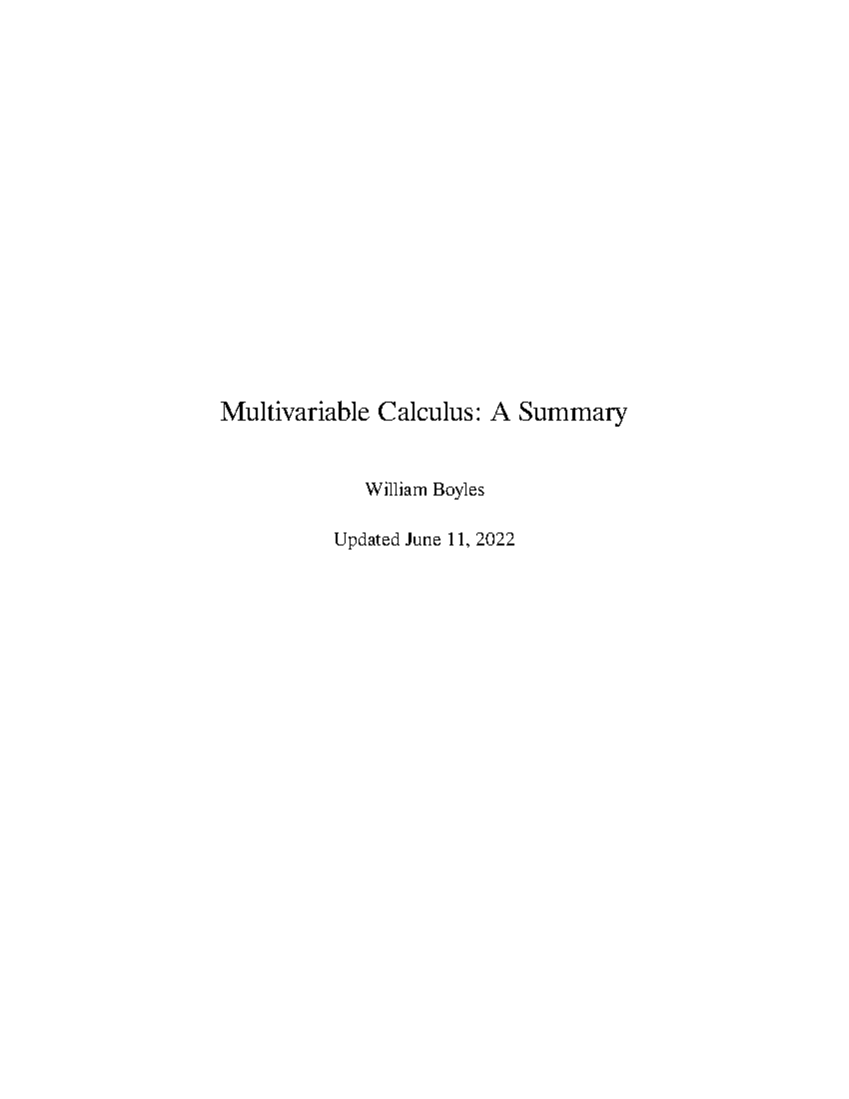 Multivar summary - Multivariable Calculus: A Summary William Boyles ...