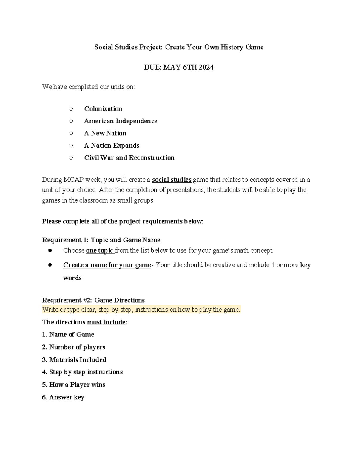 Copy of Social Studies Project Create Your Own History Game - Social ...