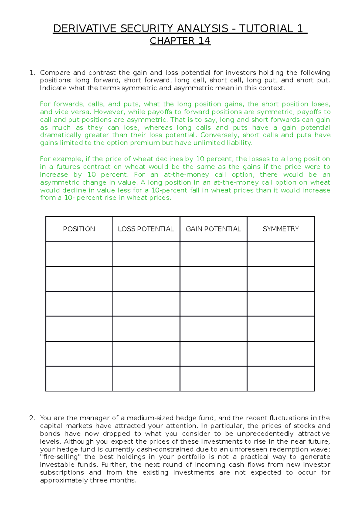 Tutorial 1 - Derivative - DERIVATIVE SECURITY ANALYSIS - TUTORIAL 1 ...