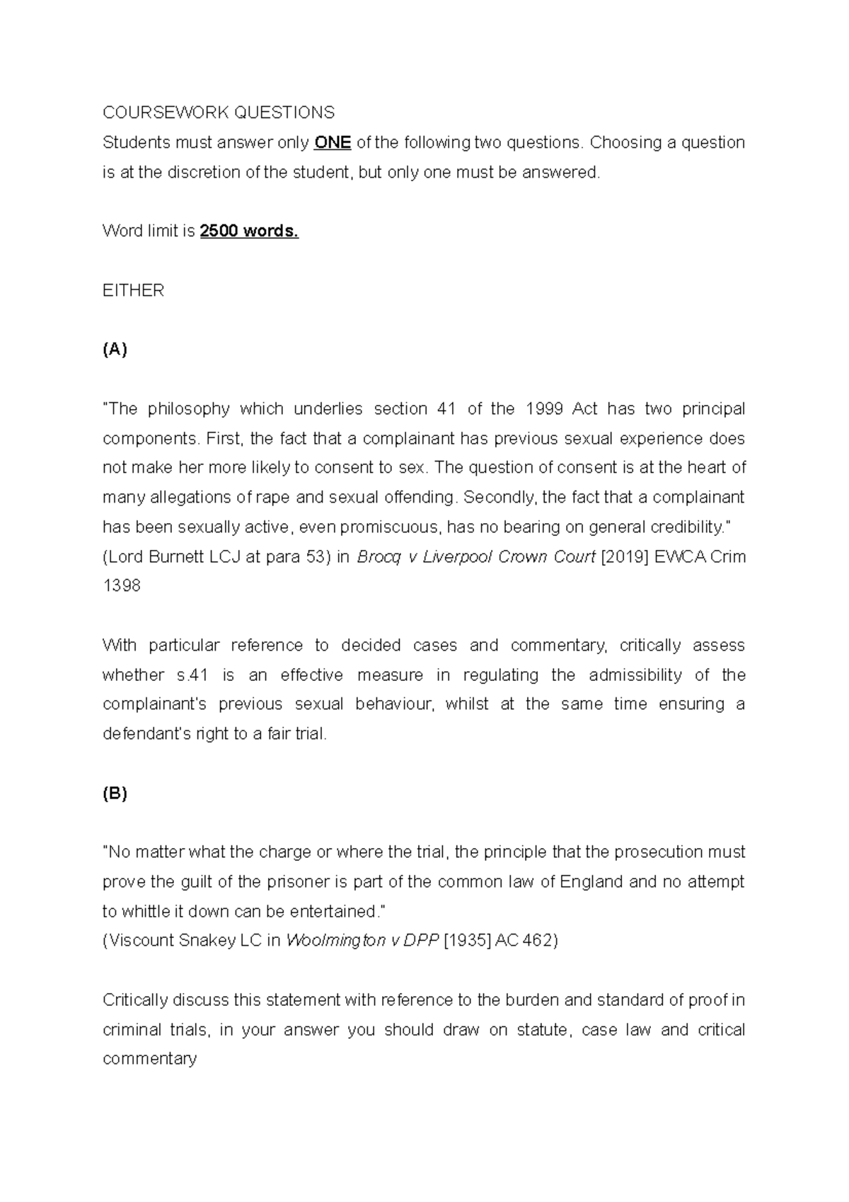 Evidence CW - n/a - COURSEWORK QUESTIONS Students must answer only ONE ...