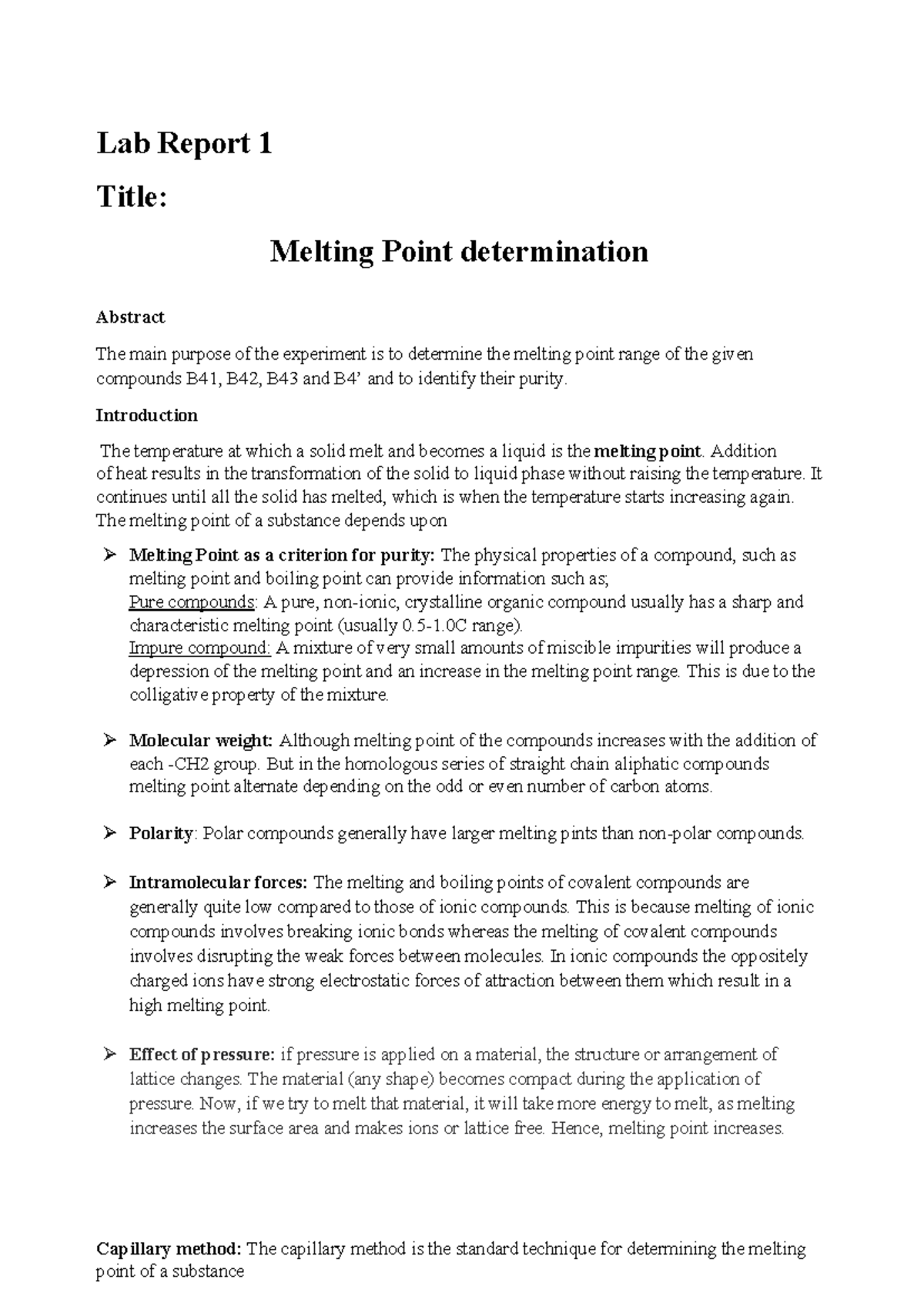 Lab Report 1 - Introduction The temperature at which a solid melt and ...