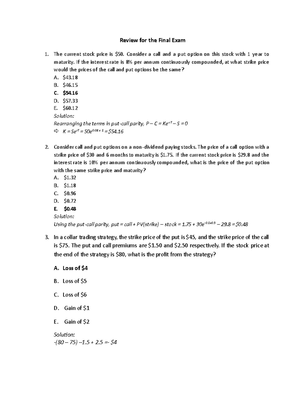 Final Exam Practice - Review for the Final Exam 1. The current stock ...