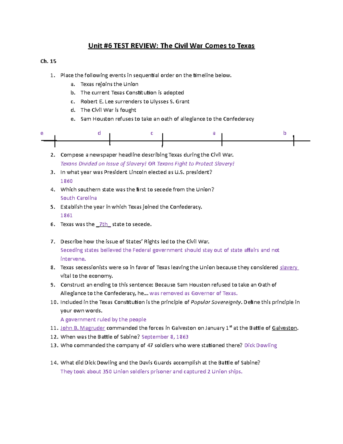 Ch. 15 Civil War Unit Test Review Part II Answers - Unit #6 TEST REVIEW ...