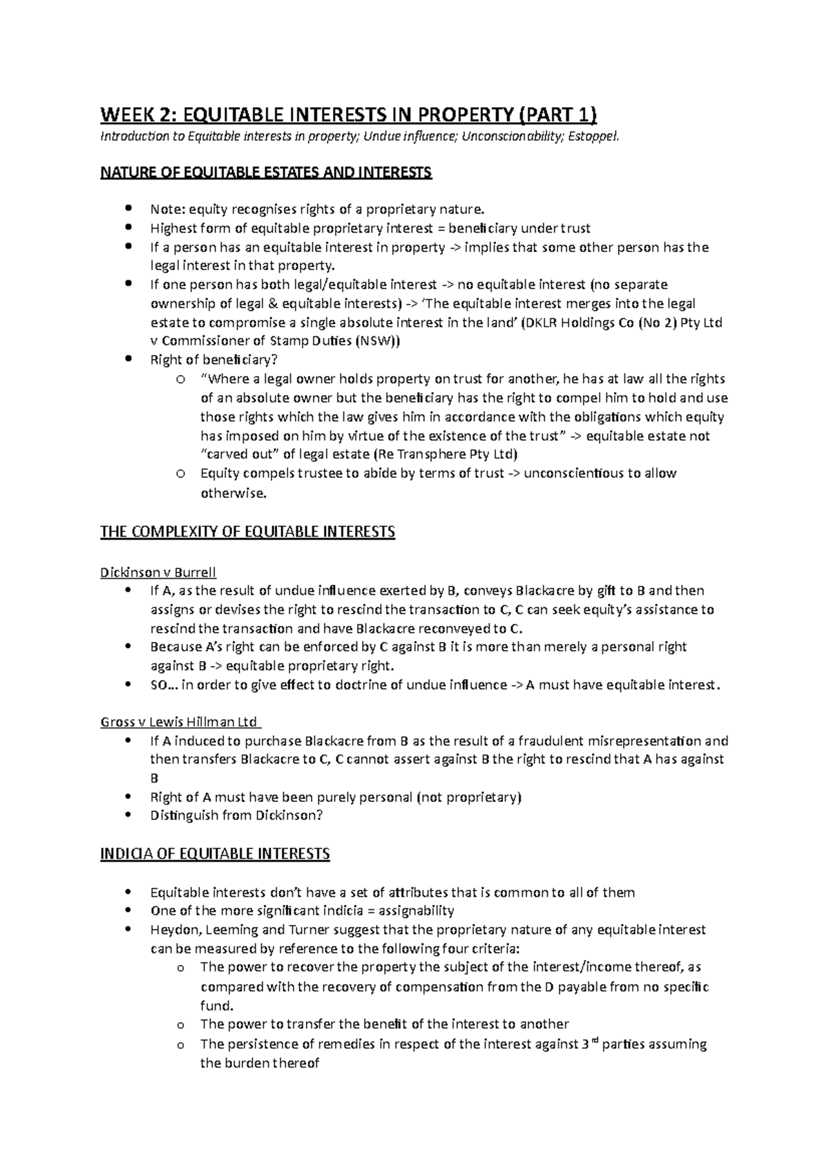 WEEK 2 READINGS - WEEK 2: EQUITABLE INTERESTS IN PROPERTY (PART 1) Introduction to Equitable ...