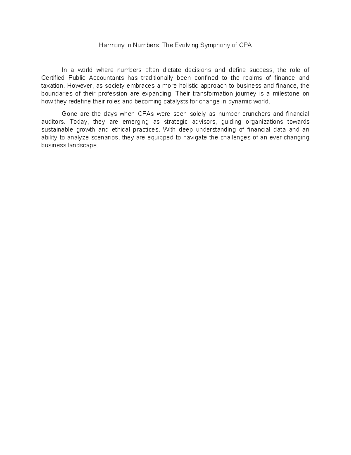 Harmony in Numbers - Essay about CPA - Harmony in Numbers: The Evolving ...