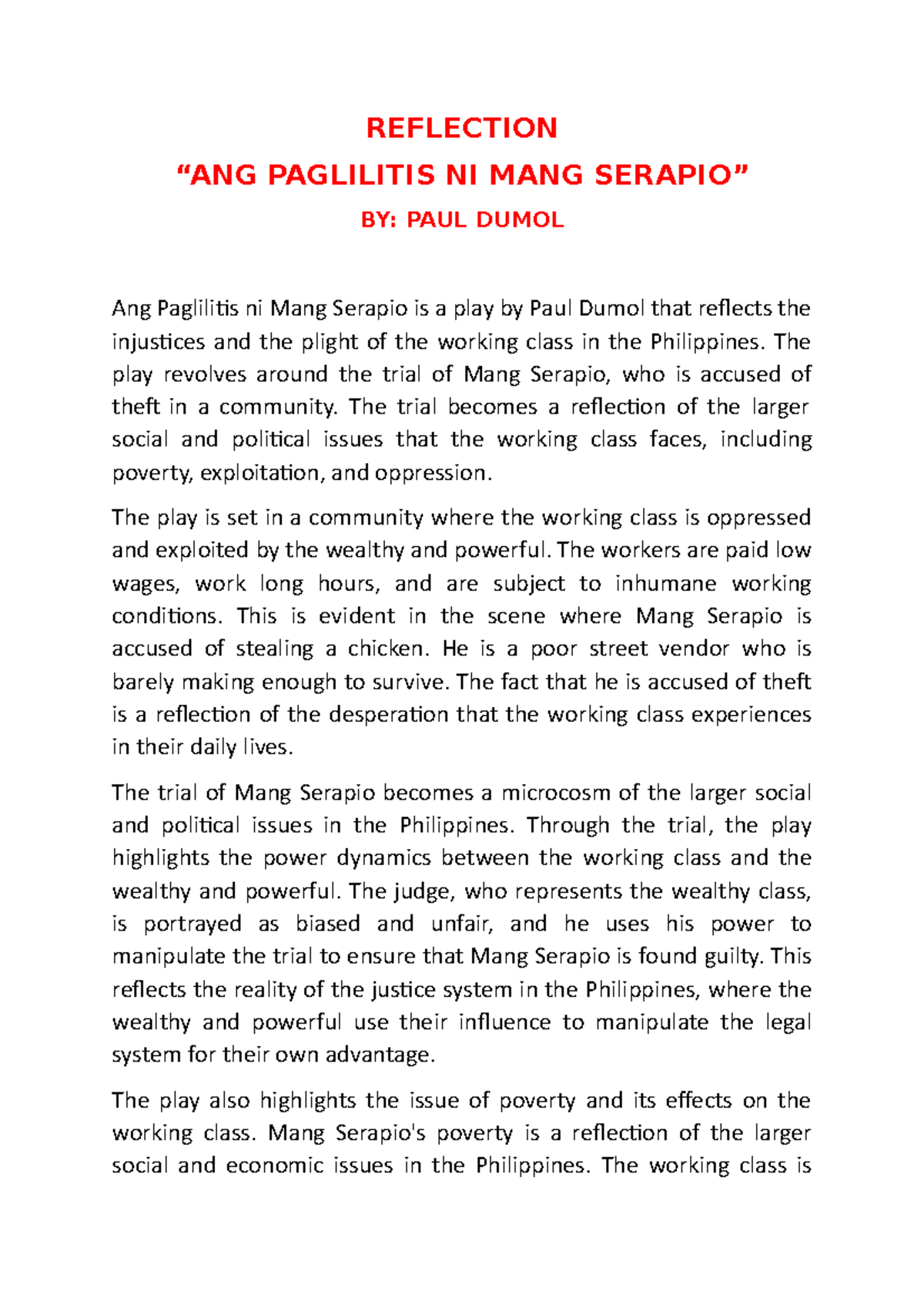 Reflection ANG Paglilitis NI MANG Serapio - REFLECTION “ANG PAGLILITIS ...