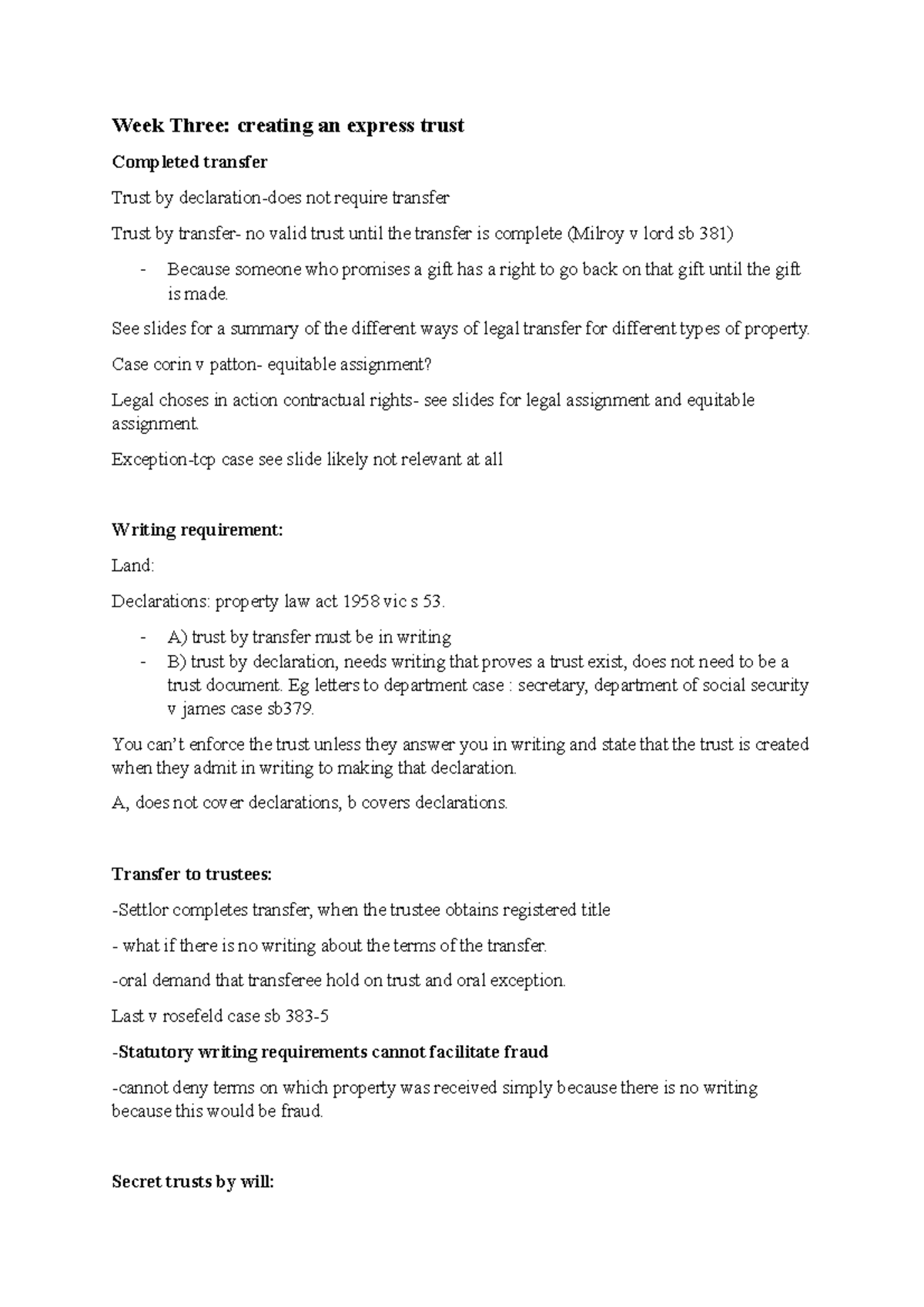 Week Three Lecture Notes Equity and Trusts - Week Three: creating an ...