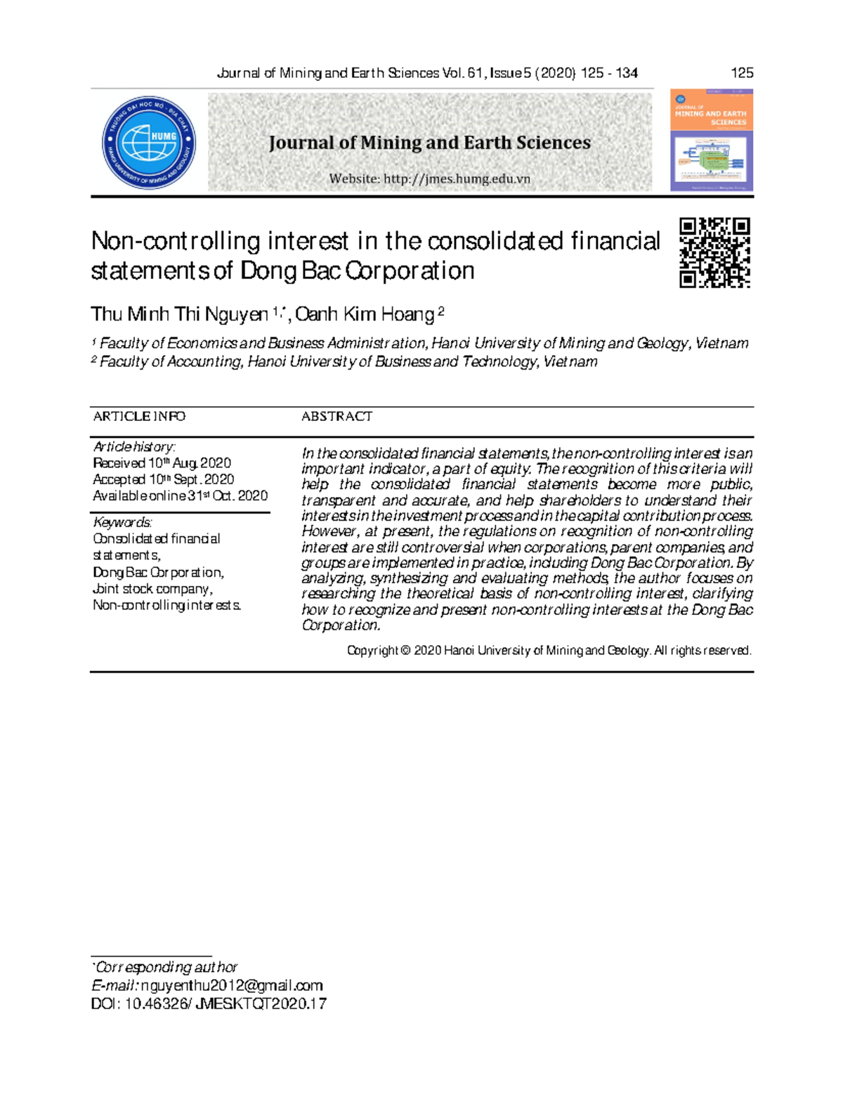 Non-controlling interest in the consolidated financial statements of Dong Bac Corporation - Jour ...