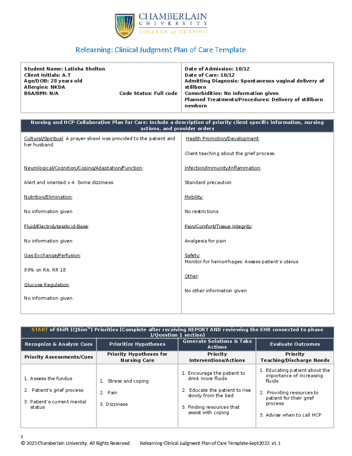 Anne Trust Plan of Care Template - Student Name: Latisha Shelton Client ...