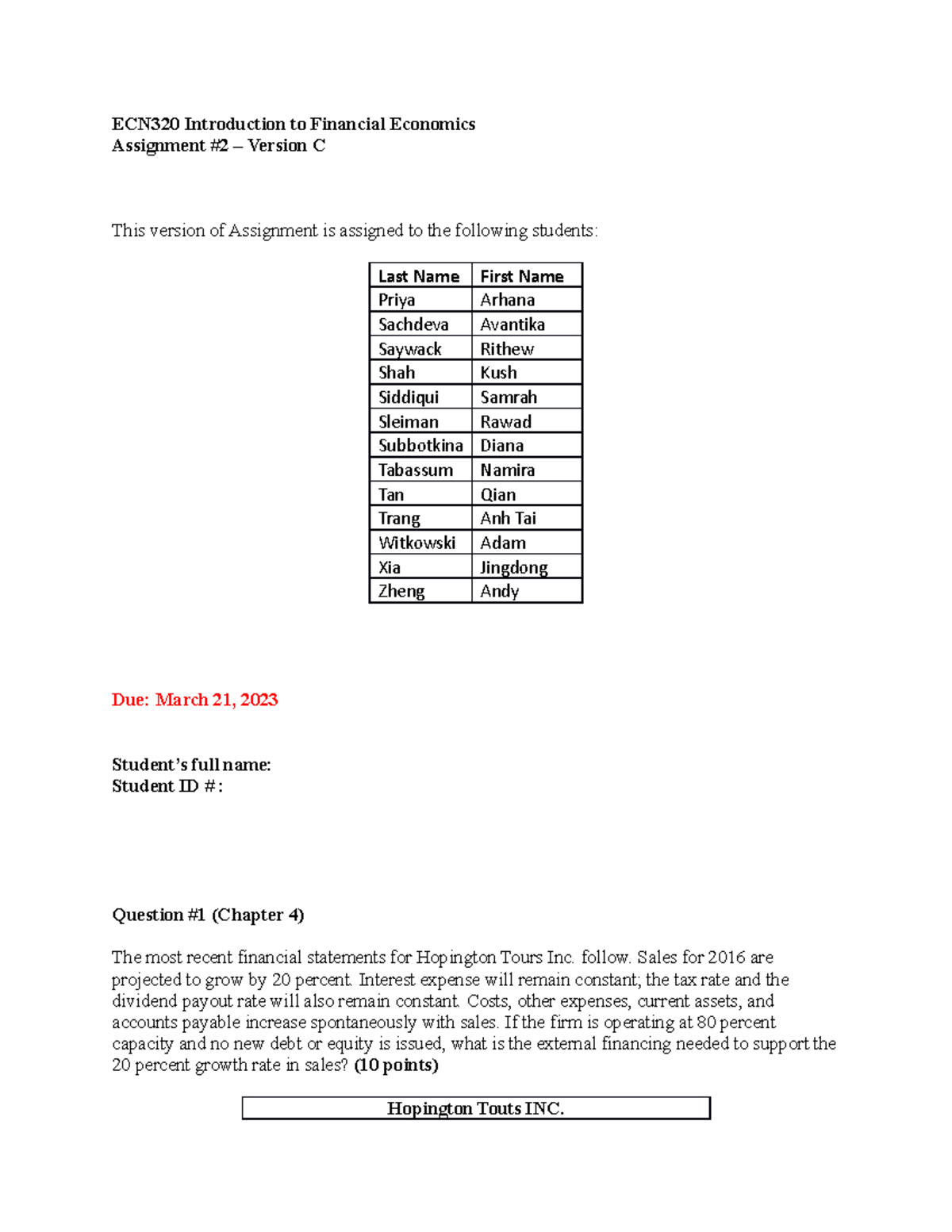 ECN320 Assignment #2(C) (2) copy - ECN320 Introduction to Financial ...