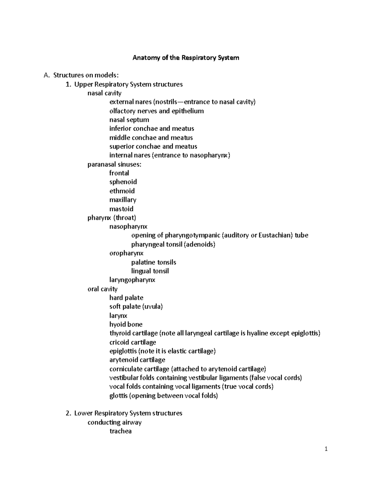 Study guide BIOL 2402 Practical 3 - Anatomy of the Respiratory System A ...
