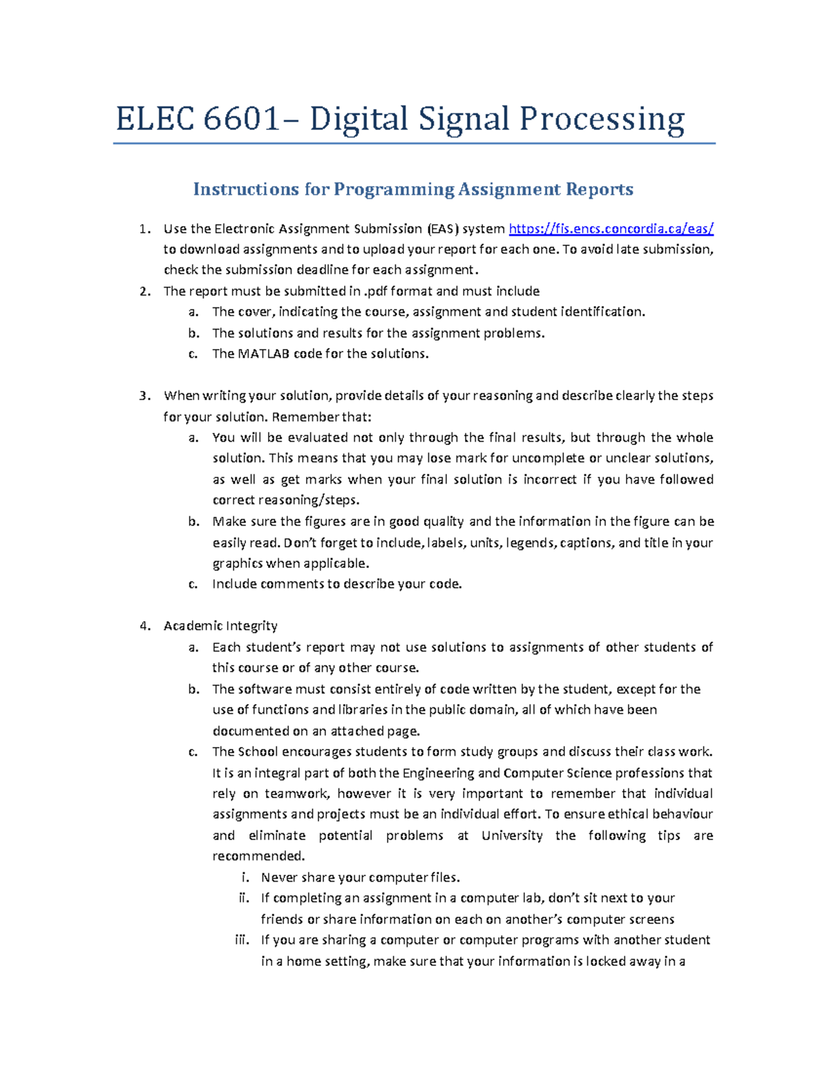 Instructions for Assignment Reports - ELEC 6601– Digital Signal Processing Instructions for ...