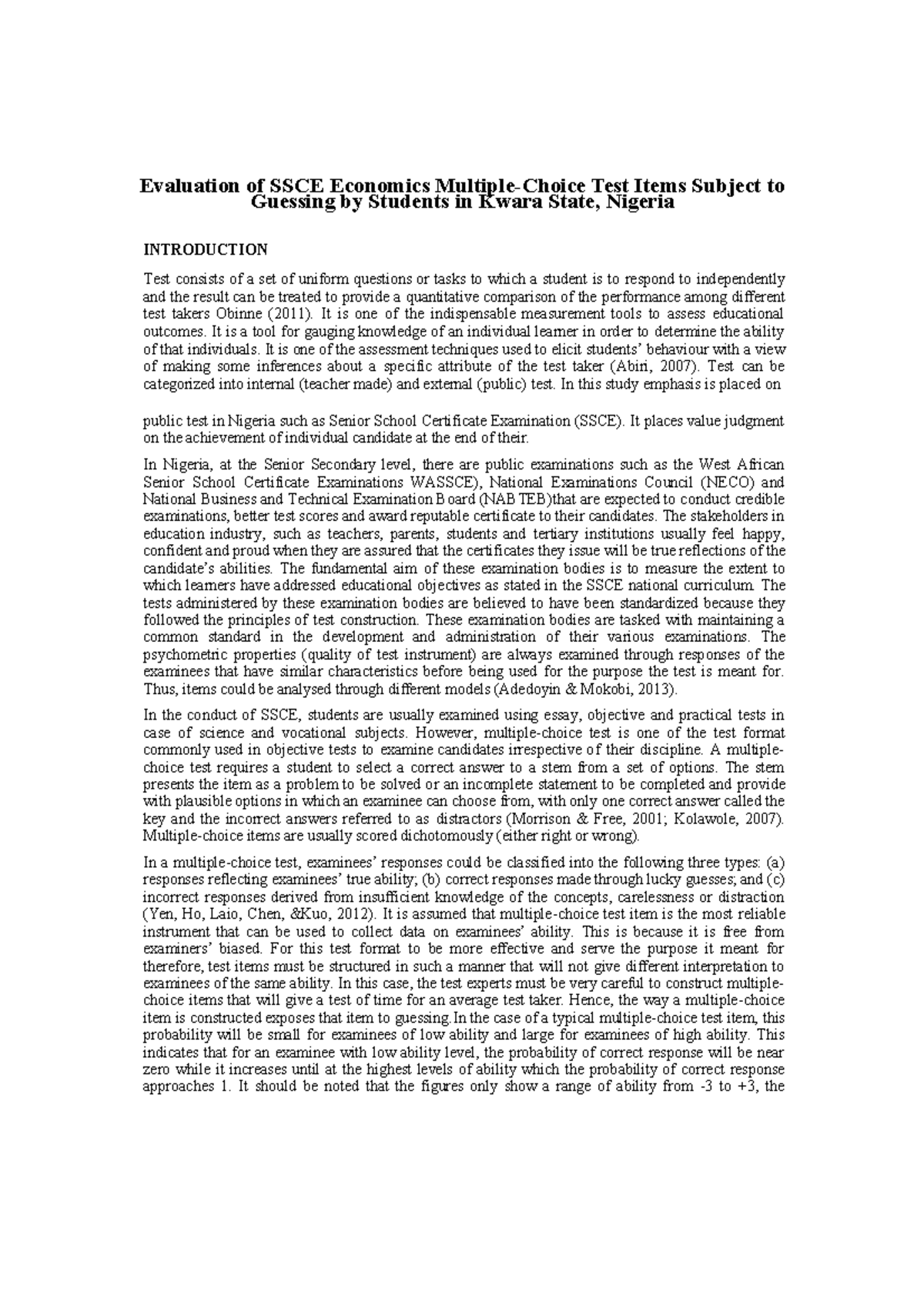 Evaluation of SSCE Economics Multiple-Choice Test Items Subject to ...