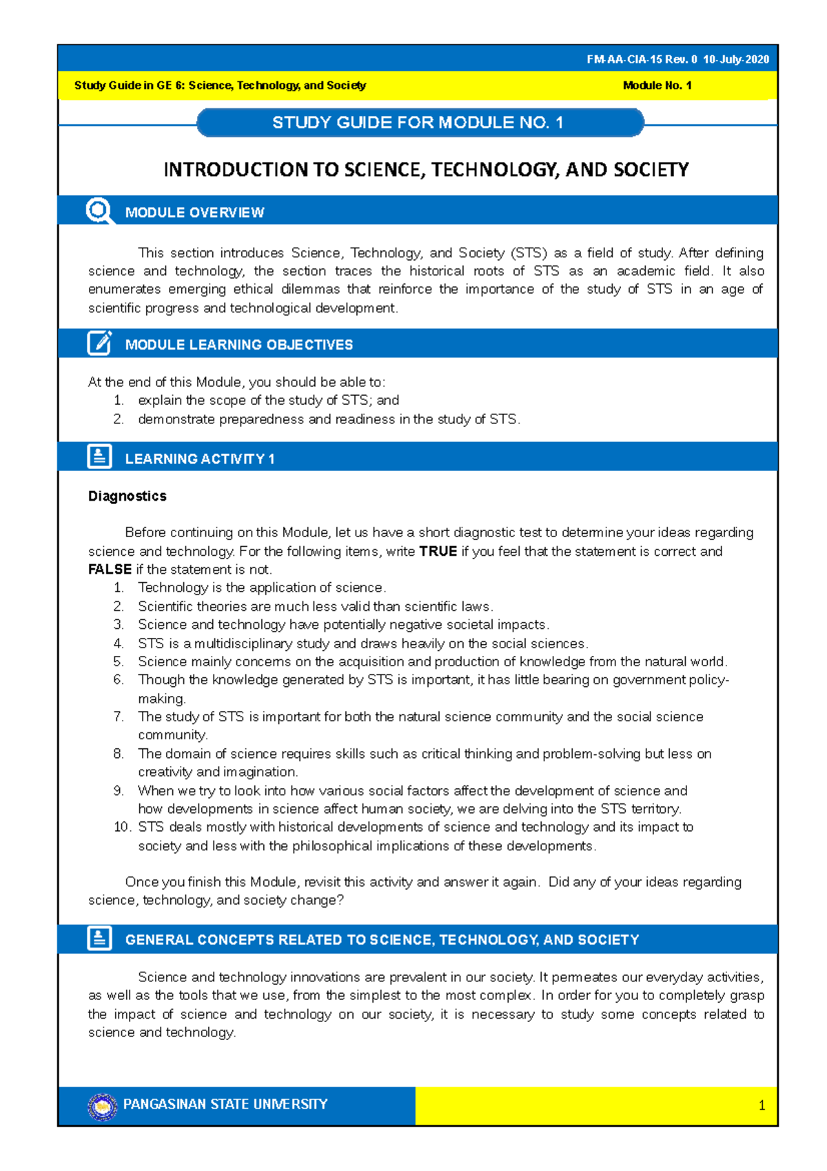 SG-1 - SG 1 - Study Guide in GE 6: Science, Technology, and Society ...