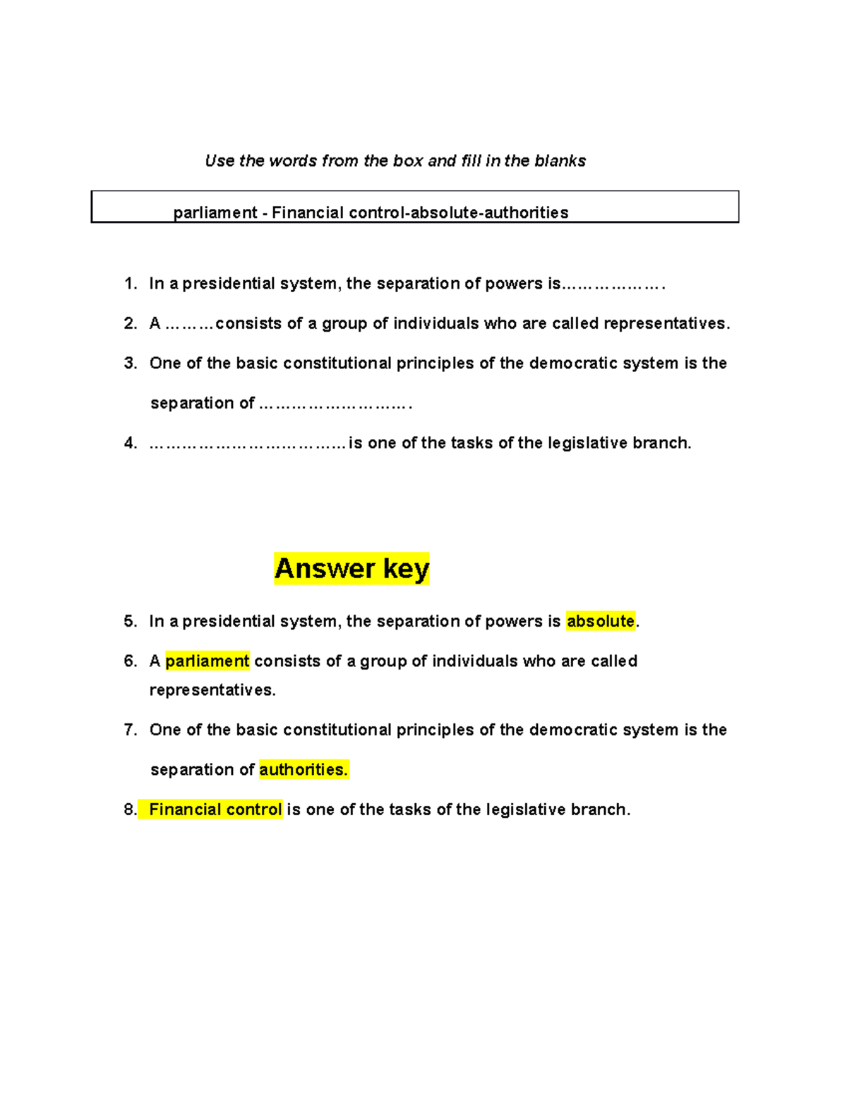 Fill in the blanks - quiz - Use the words from the box and fill in the ...