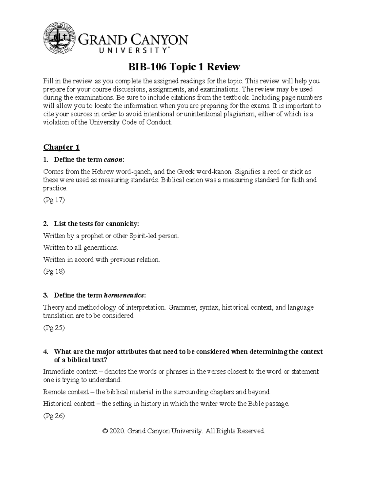 Week/Topic 1 Review - BIB-106 Topic 1 Review Fill in the review as you ...