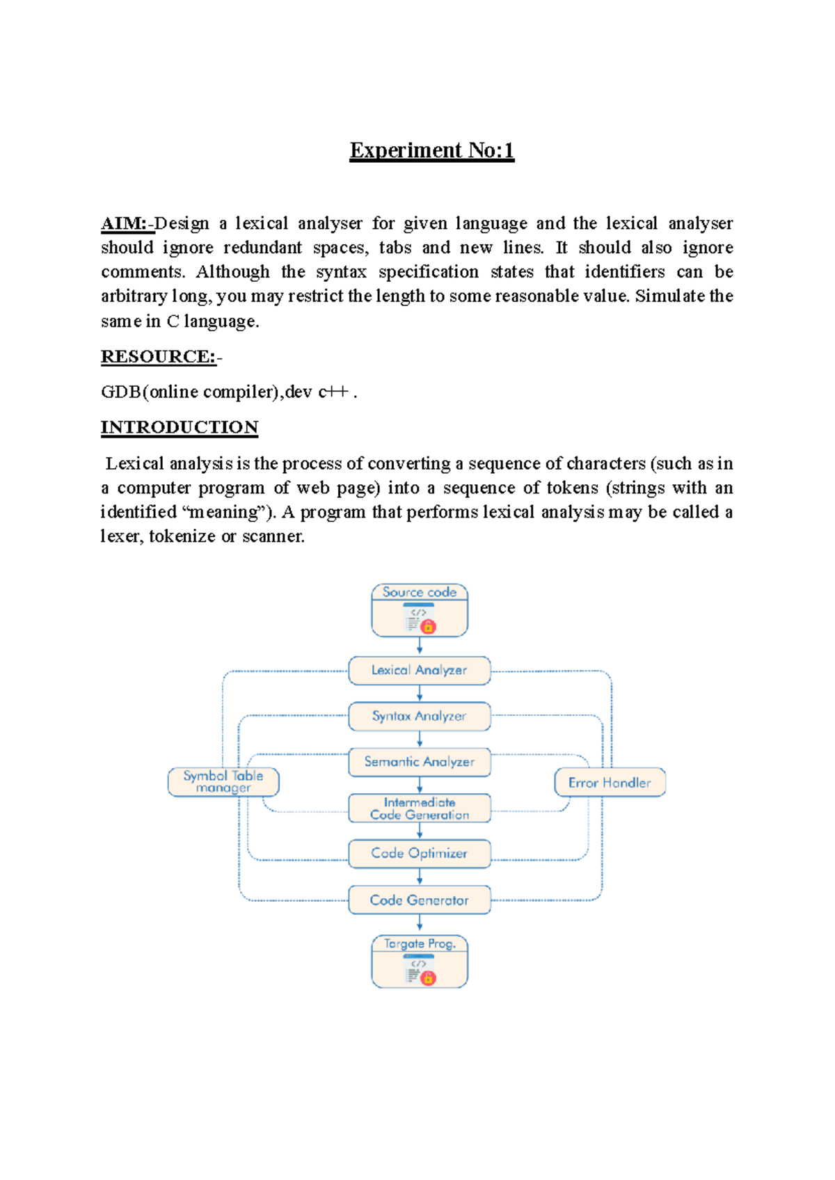 Cd Experiment 1 Experiment No Aim Design A Lexical Analyser For Given Language And The