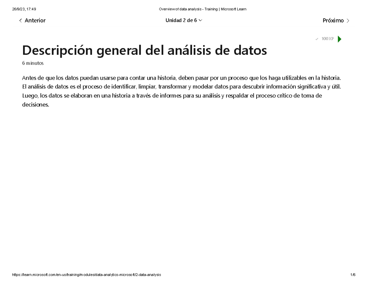 Overview of data analysis - Training Microsoft Learn - R Anterior Unidad 2 de 6 S Próximo T ...