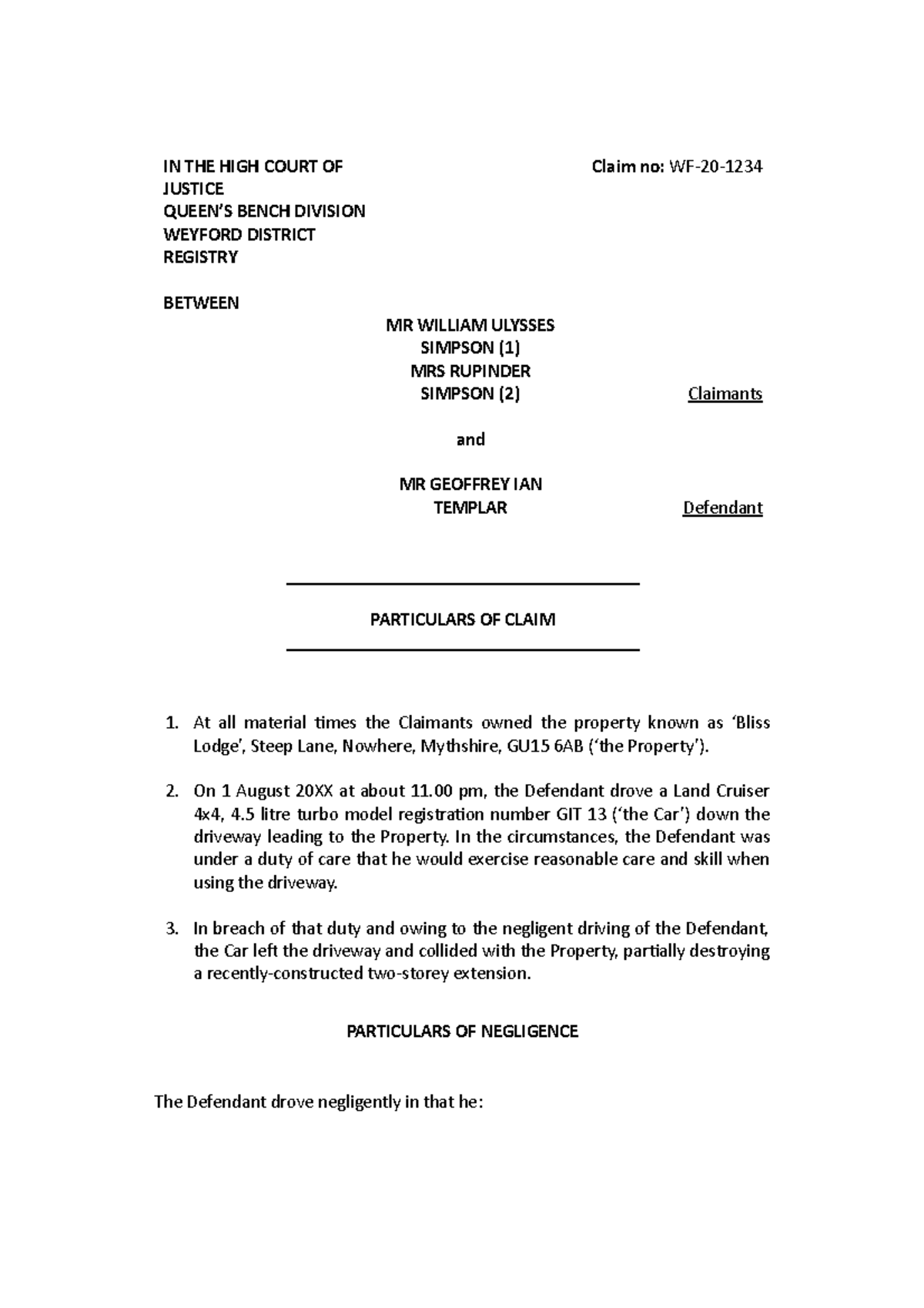 Negligence Particulars of Claim - IN THE HIGH COURT OF JUSTICE QUEEN’S ...
