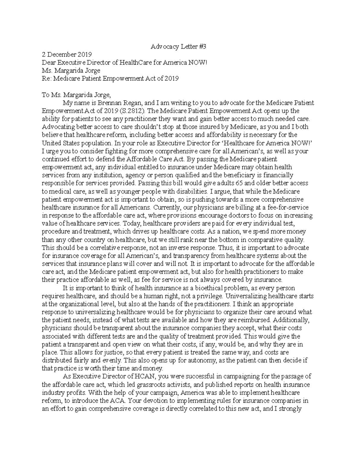 Advocacy Letter 3 - Grade: A - Advocacy Letter # 2 December 2019 Dear ...