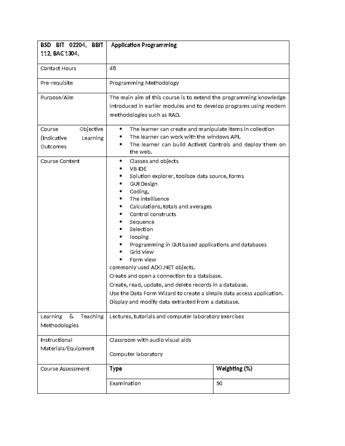 Course Outline and Introduction to Visual Basic - BSD BIT 02204, BBIT 112, BAC 1304, Application ...