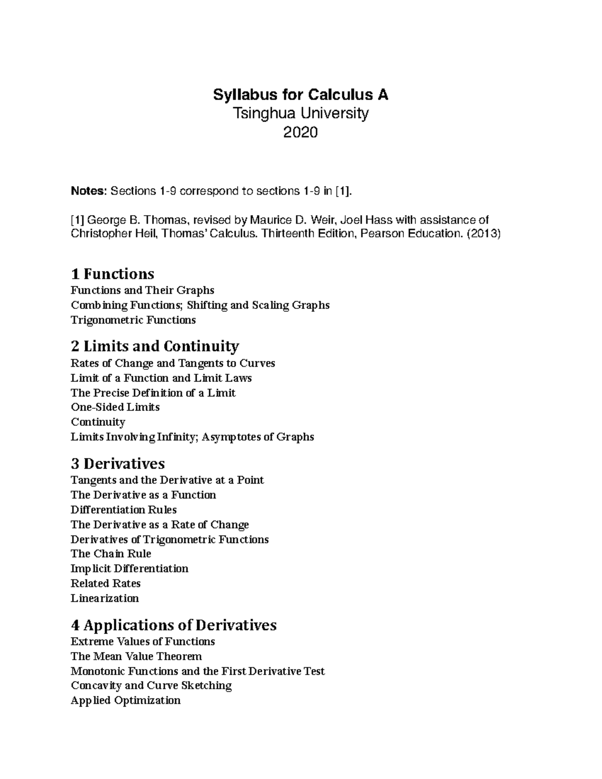Syllabus for Calculus A(1) v1 - Syllabus for Calculus A Tsinghua ...