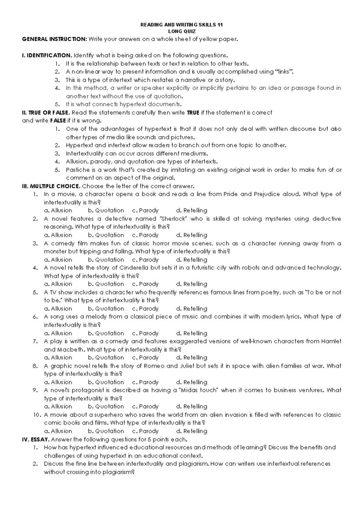 RWS LONG QUIZ - Reading and Writing Long Quiz - READING AND WRITING ...