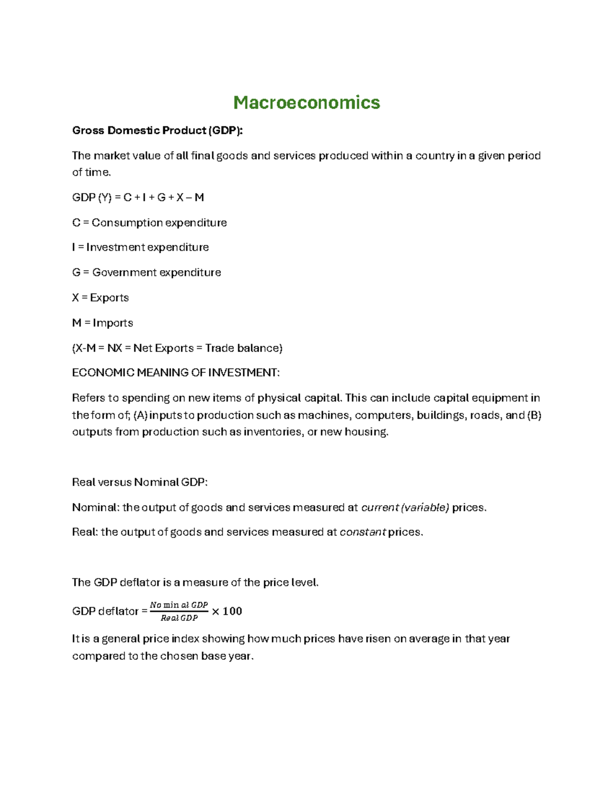 Macroeconomic - Study notes - Macroeconomics Gross Domestic Product ...