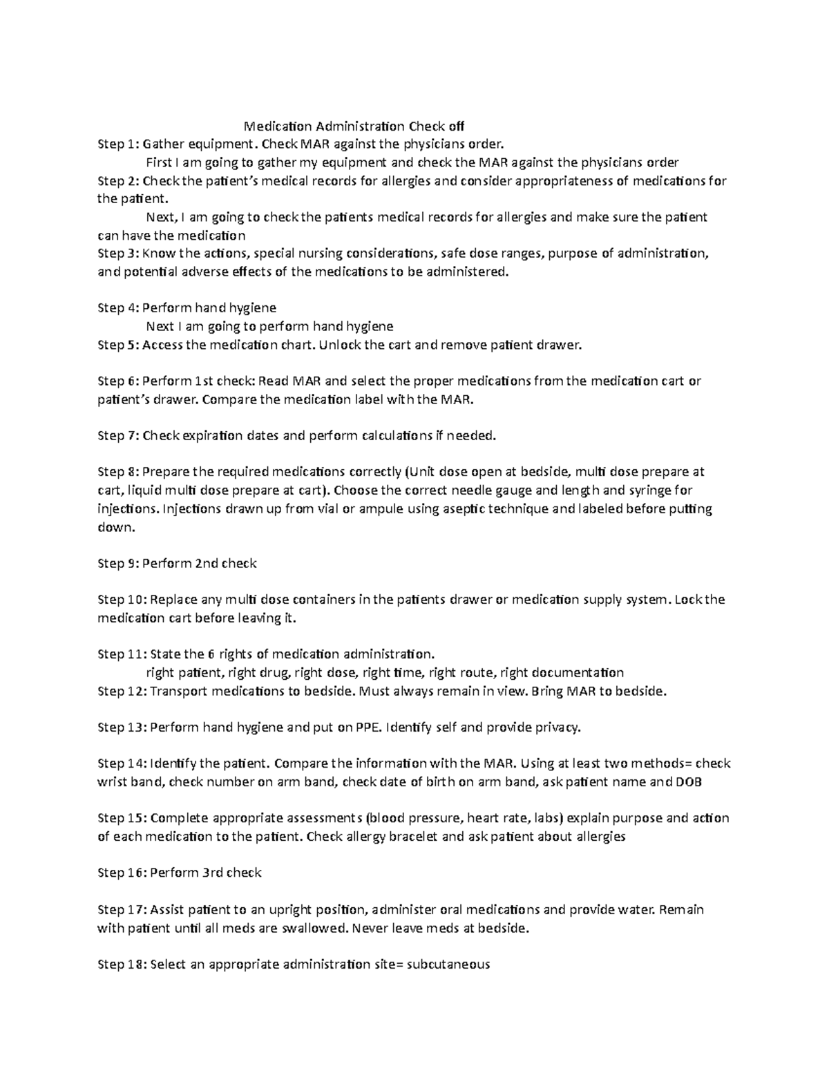 Med admin check off - Medication Administration Check off Step 1 ...