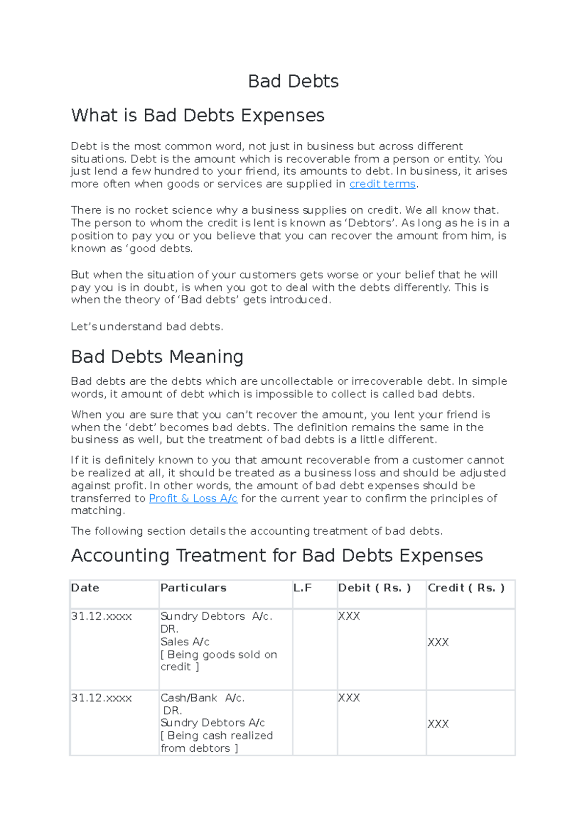 Bad Debts - Notes for exams - Bad Debts What is Bad Debts Expenses Debt ...