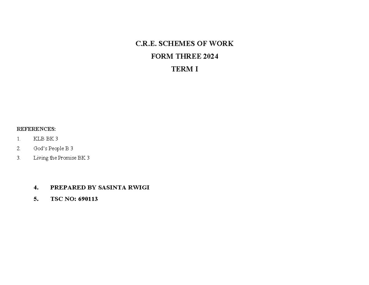 CRE Schemes OF WORK F 3 T 1 - C.R. SCHEMES OF WORK FORM THREE 2024 TERM ...