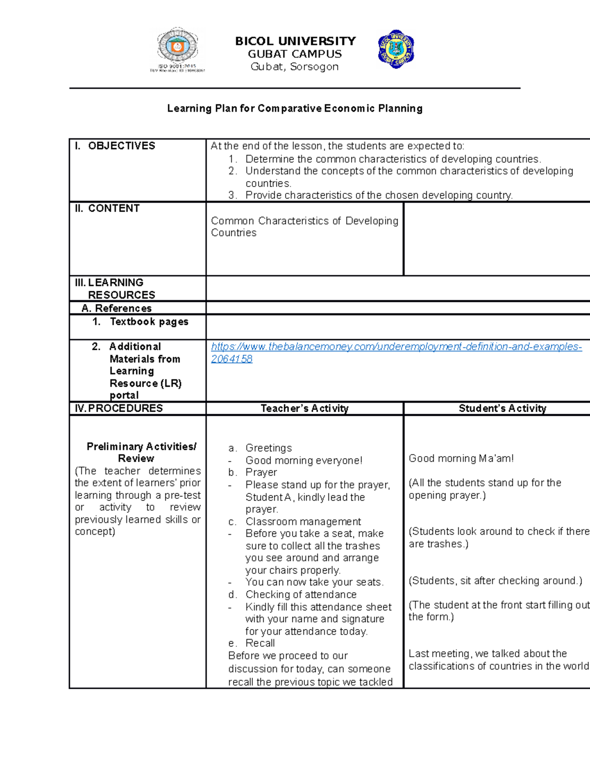 Lesson Plan Group 5 2 - GUBAT CAMPUS Gubat, Sorsogon Learning Plan for Comparative Economic ...