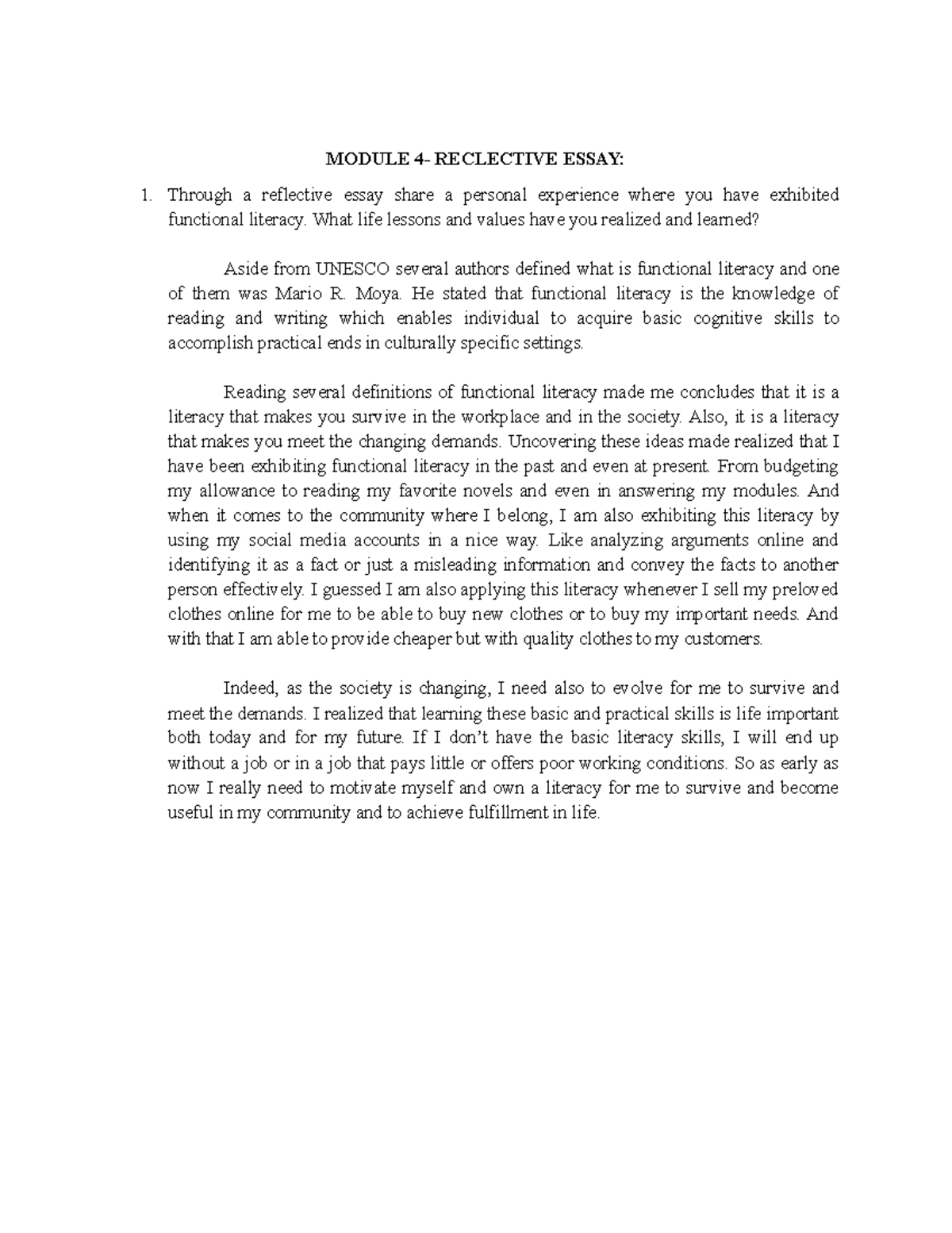 Reflection Essay About Functional Literacy MODULE 4 RECLECTIVE ESSAY