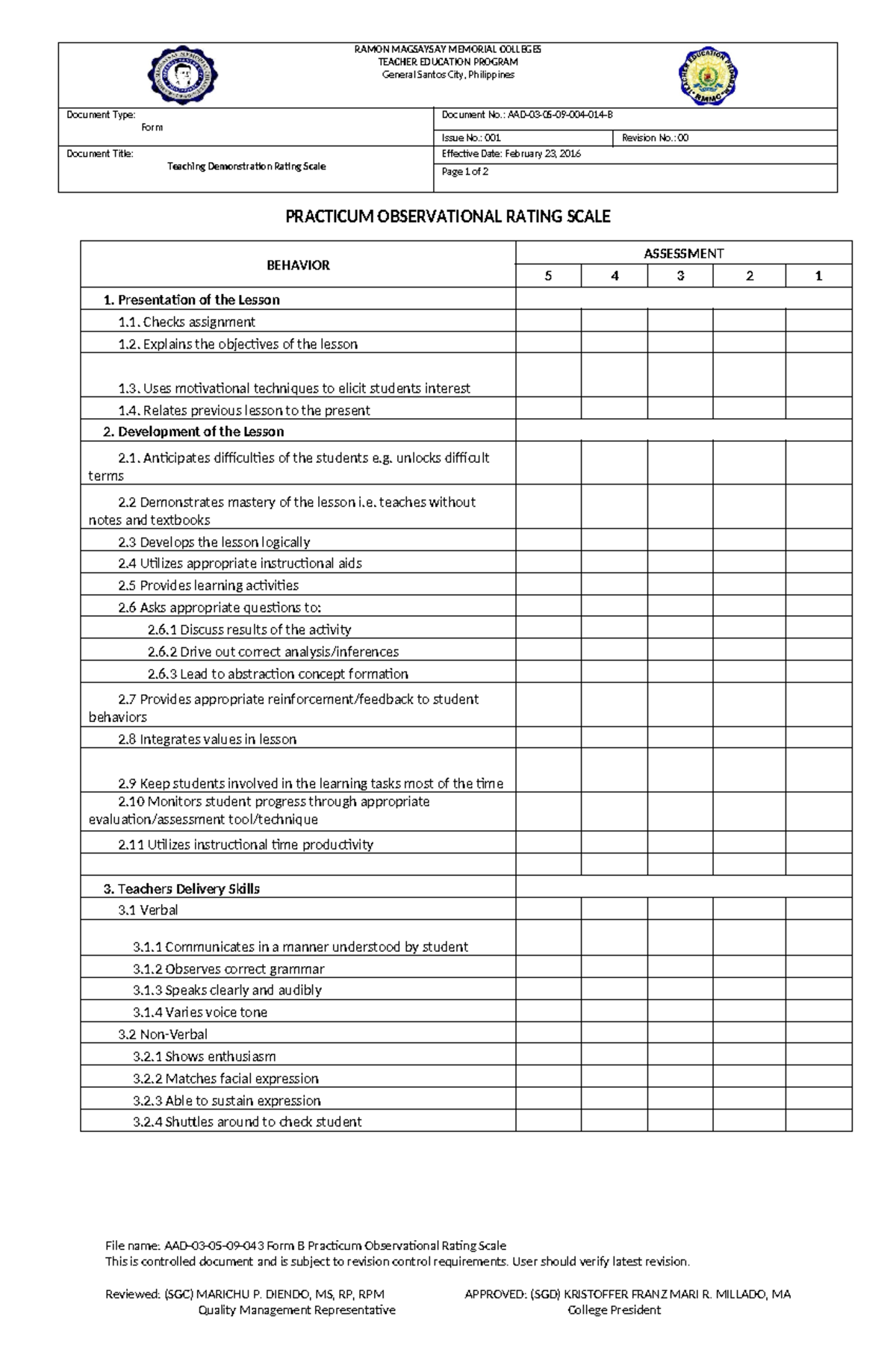 Rating Sheet FOR Teaching Demonstration - PRACTICUM OBSERVATIONAL ...