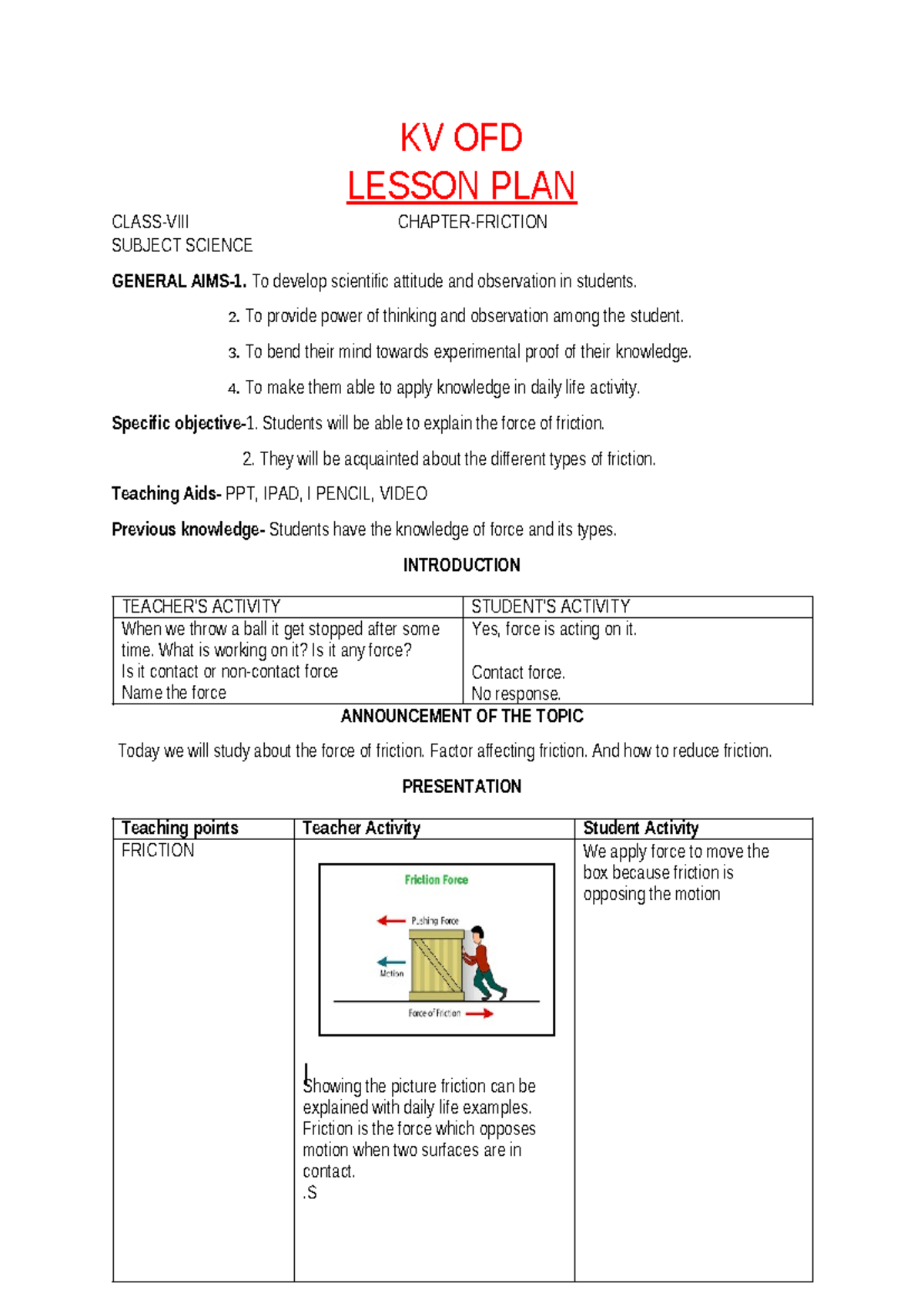 Lesson PLAN 23 08 - KV OFD LESSON PLAN CLASS-VIII CHAPTER-FRICTION ...