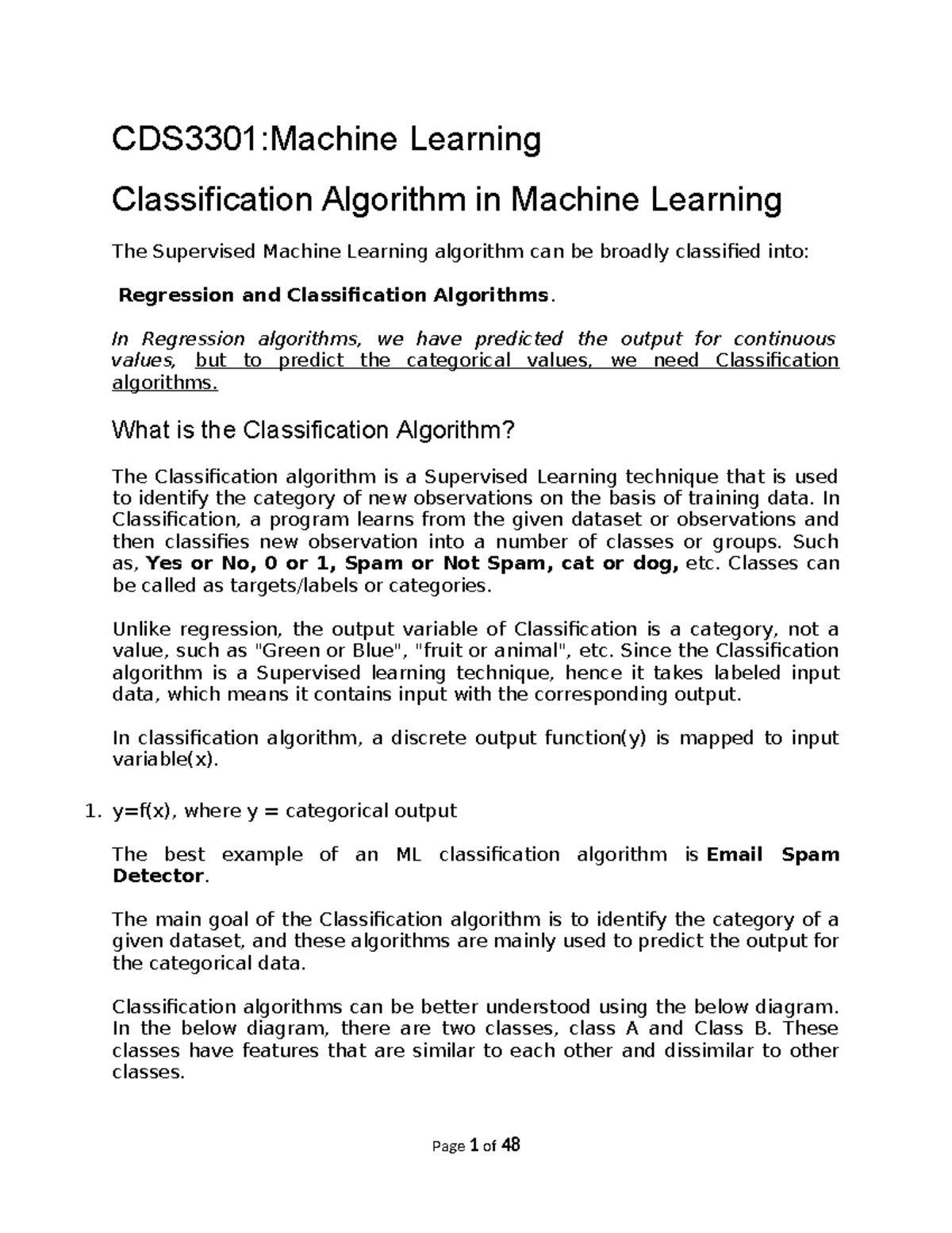 Classification Algorithm In Machine Learning Cds3301machine Learning
