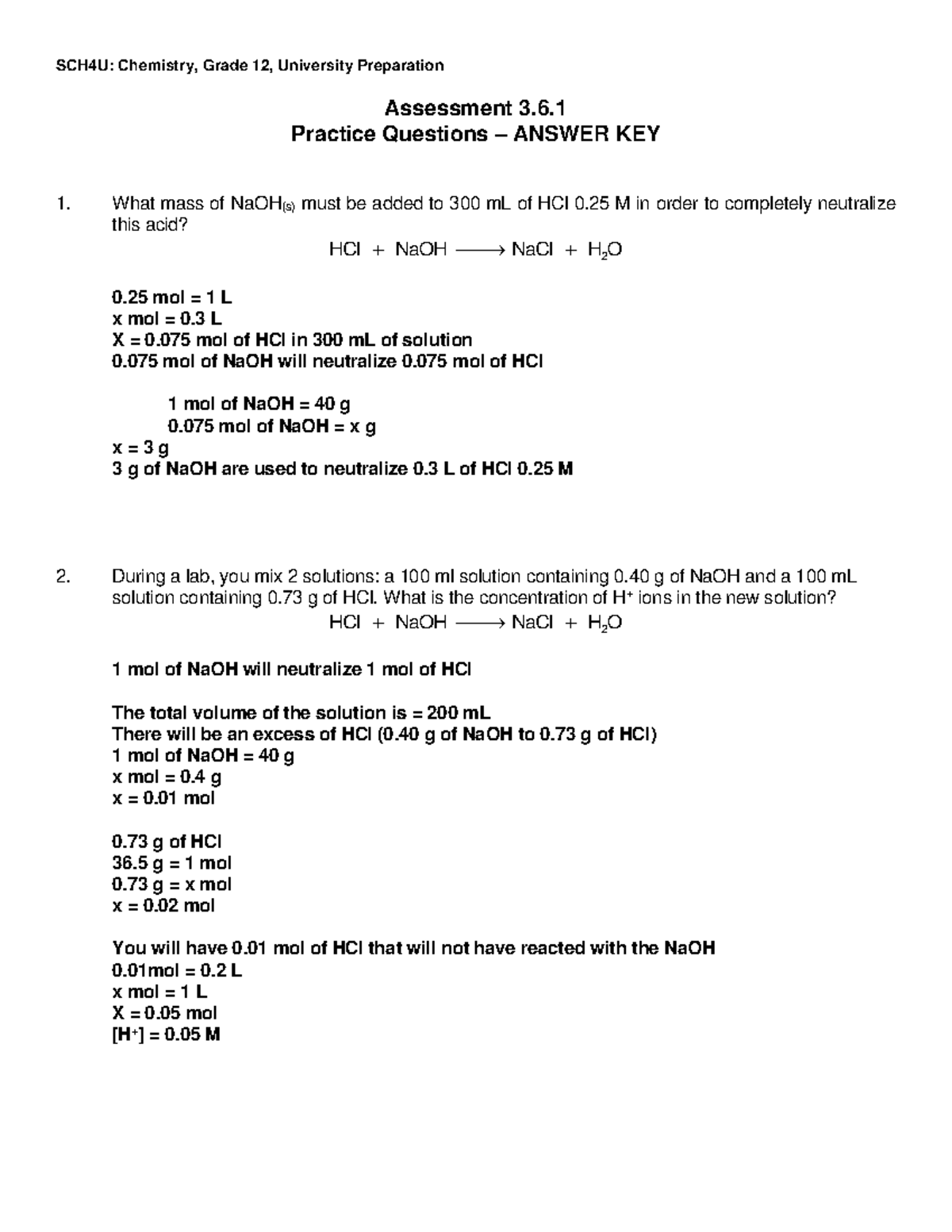 Neutralization focused - SCH4U: Chemistry, Grade 12, University ...