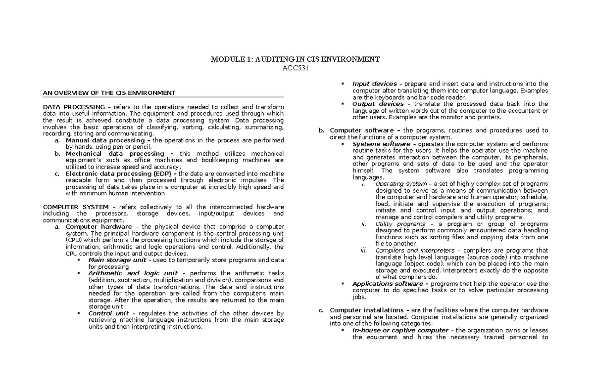 Module-1-CIS - MODULE 1: AUDITING IN CIS ENVIRONMENT ACC AN OVERVIEW OF THE CIS ENVIRONMENT DATA ...